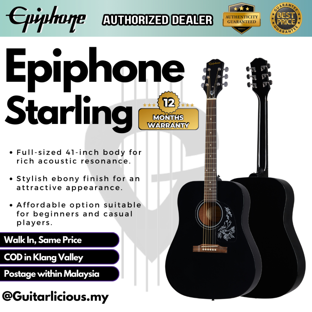 EPIPHONE Starling 41 inch Dreadnought Acoustic Guitar - Ebony Black ...