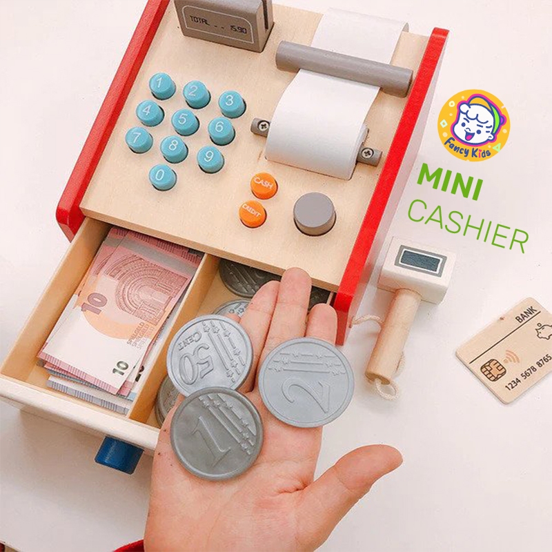 Wooden Toy Mini Cashier Cash Register with Play Money Coin Pretend Role ...