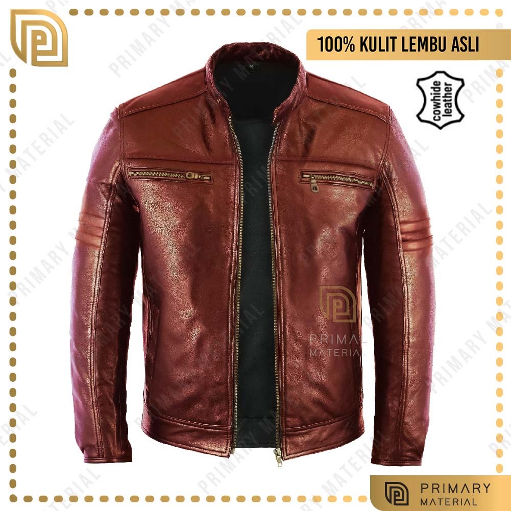 Cafe Racer Red Brown Genuine Leather Men Jaket Kulit Rider safety ...