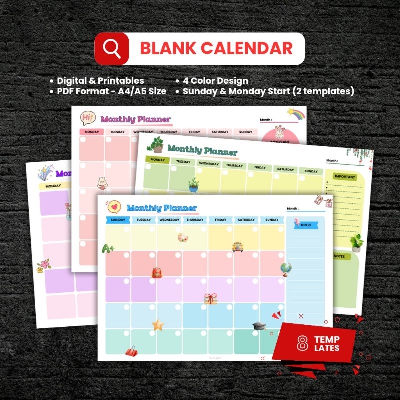 Blank Color Monthly Calendar Planner (Sunday and Monday Start ...