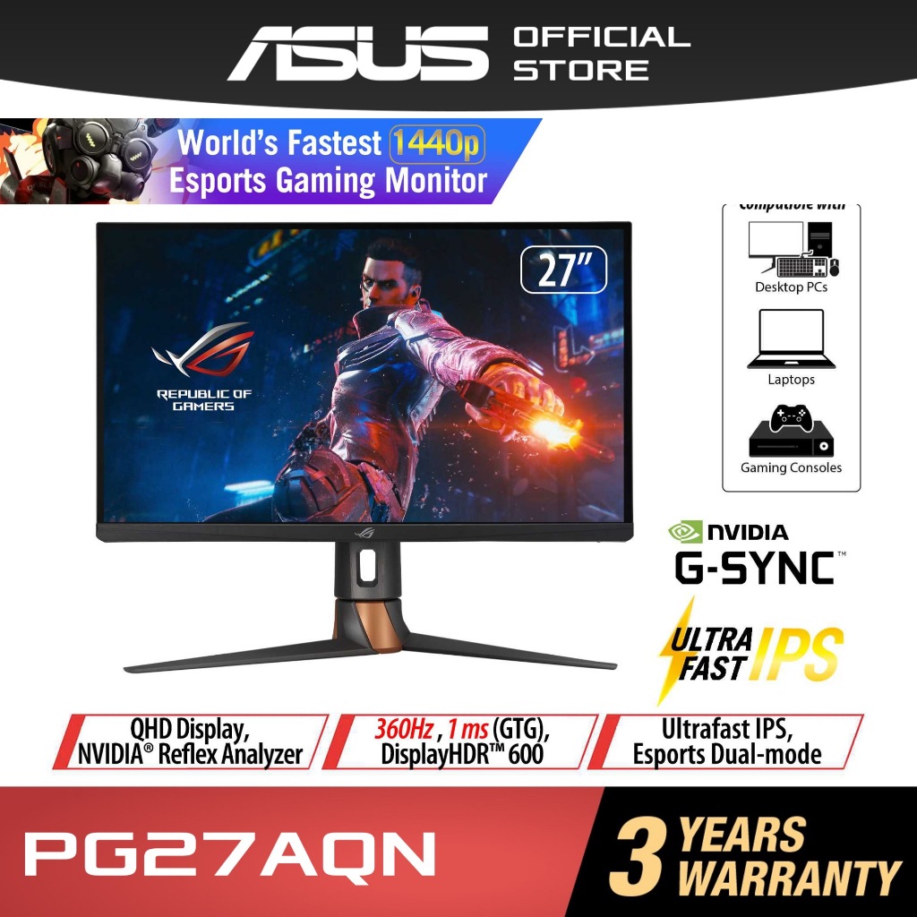 Asus 27" ROG Swift PG27AQN Ultrafast IPS QHD 360Hz 1ms GSync HDR10 ...