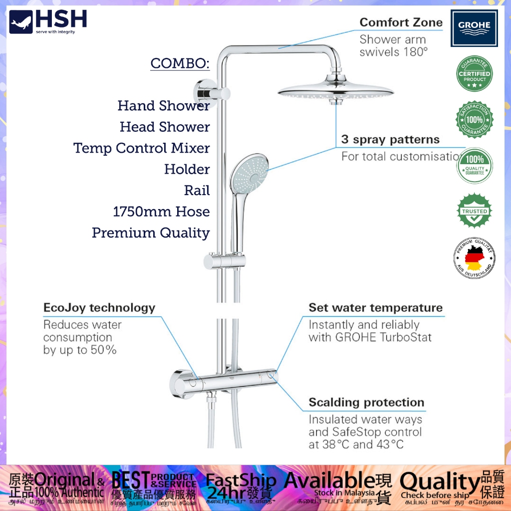 Original GROHE 27296002 Euphoria System 260 Shower system | Shopee Malaysia