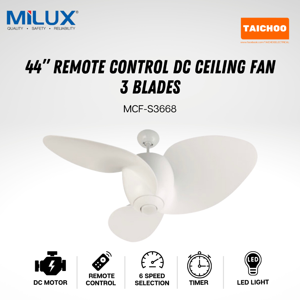 Milux 44” 3 Blades Remote Control Ceiling Fan with LED Light [DC Motor ...