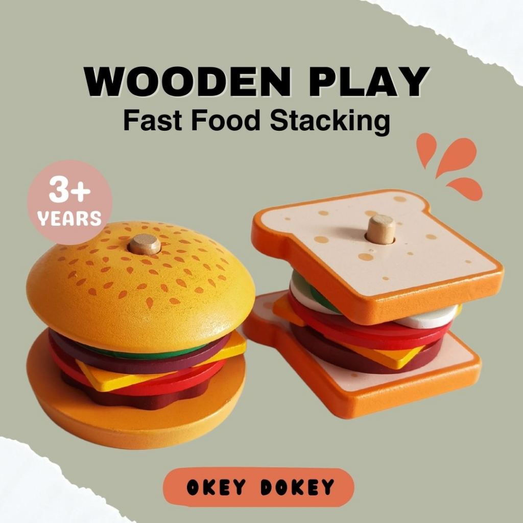 [OKEY DOKEY] Fast Food Toy Set| Wooden Sandwich Hamburger | Montessori ...