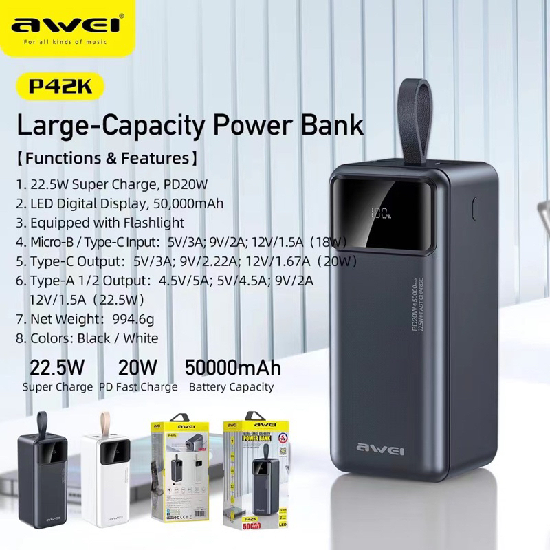 AWEI ULTRA-LARGE CAPACITY POWER BANK 💥2 TYPE C + 2USB 💥LED DISPLAY ...