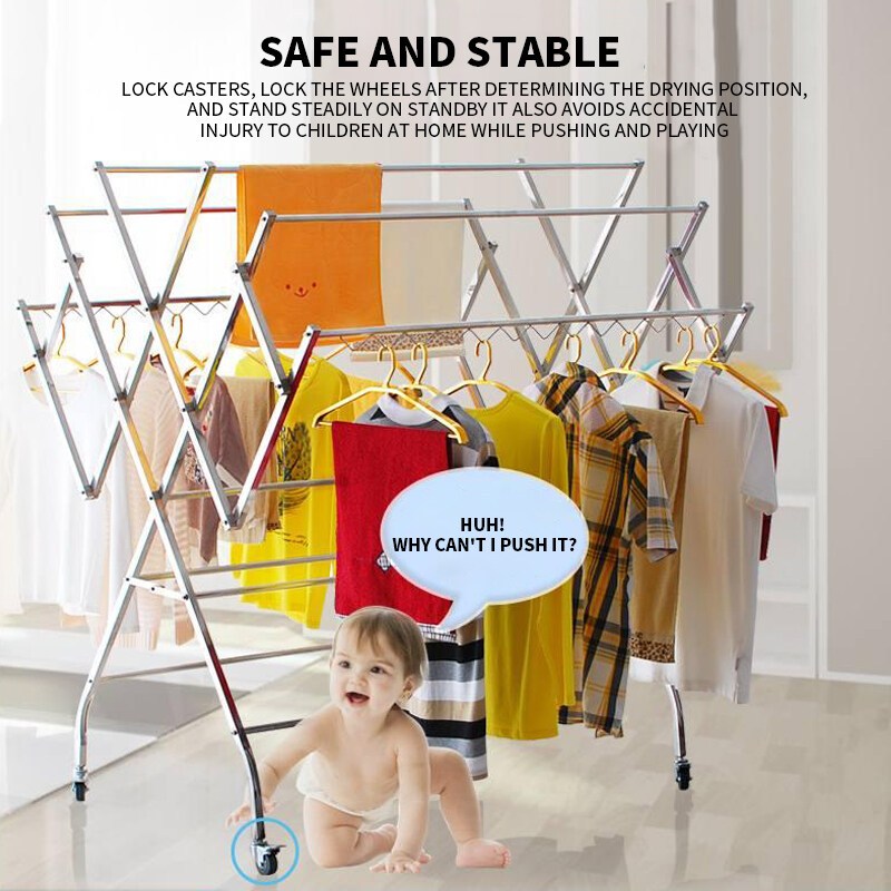 W TYPE STAINLESS STEEL CLOTH DRYING RACK Foldable Mobility Cloth Hanger ...