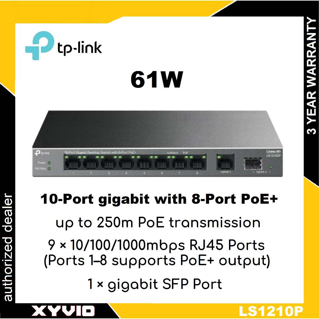 TP-LINK LS1210GP 10-Port Gigabit Desktop Switch with 8-Port PoE+ ...