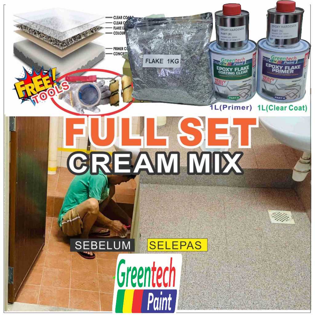 GREENTECH EPOXY Full Set Epoxy Colour Flake Coating (1KG FLAKE / 1L PRIMER / 1L CLEAR COAT ...