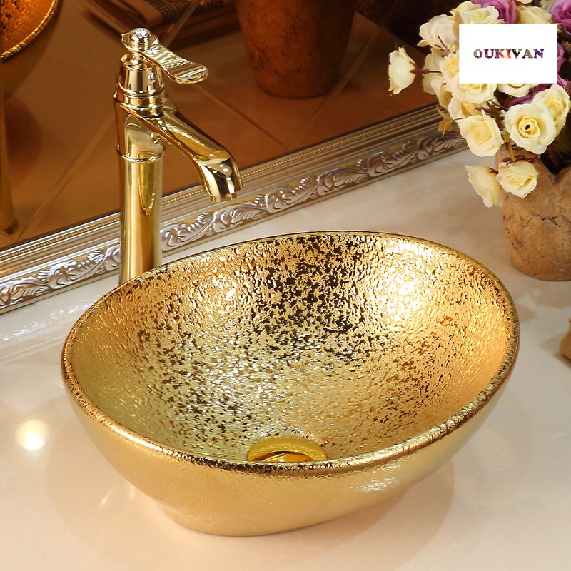 Ceramic Gold Basin Nordic Luxury Oval Shape With Floral Pattern ...