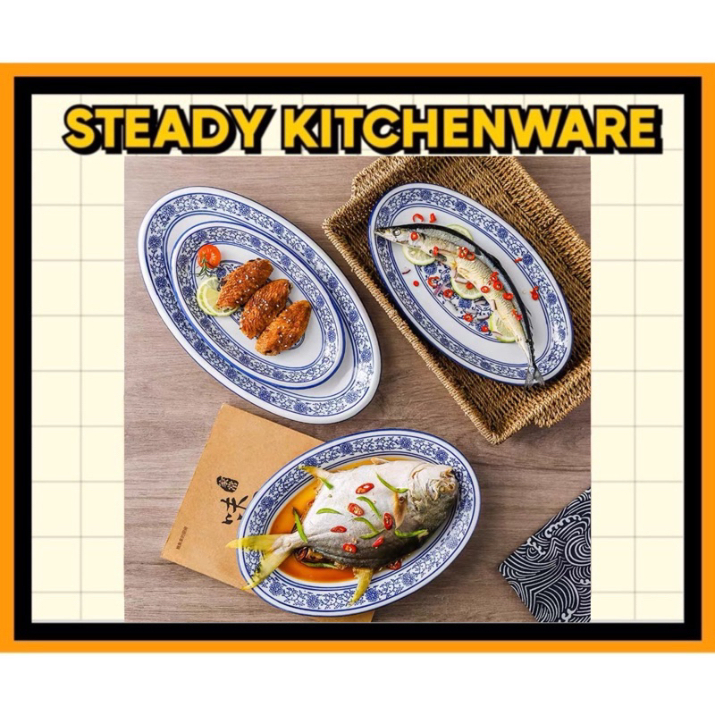 Blue And White Series Ceramic Oval Plate Fish Plate Steam Dish Plate ...