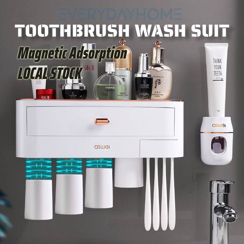Punch-Free Suction Wall-Mounted Washing Set Squeeze Toothpaste Storage ...