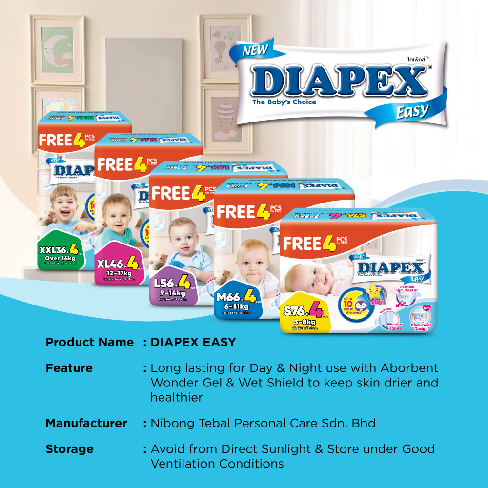 DIAPEX EASY (S80/M70/L60/XL50/XXL40) Tape Diapers Lampin Bayi | Shopee ...