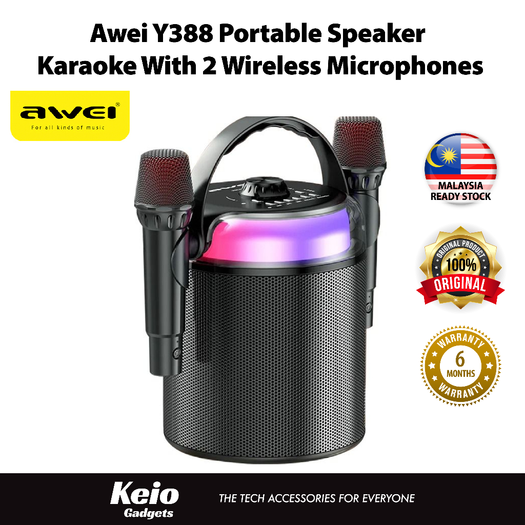 Awei Y388 TWS Bluetooth Karaoke Speaker With 2 Wireless Microphones RGB Lights Hours Music Play ...
