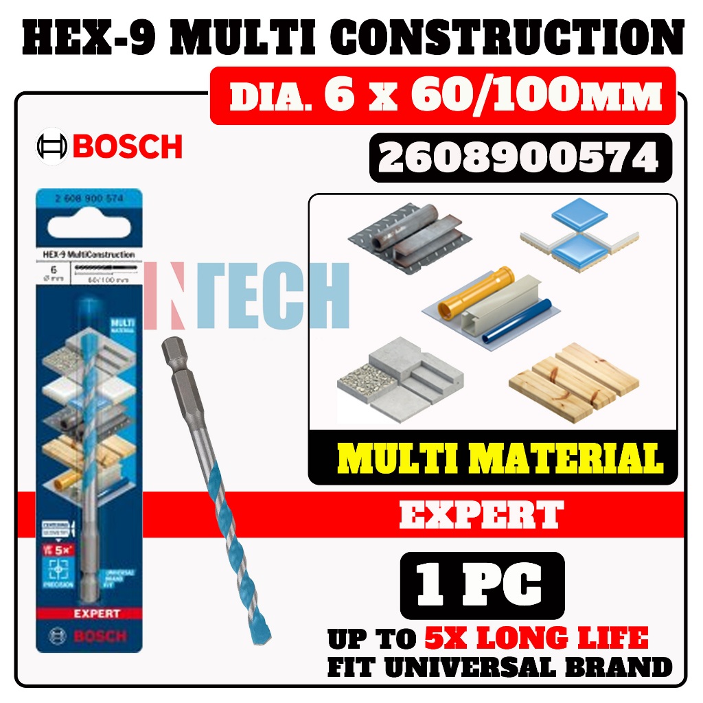 Bosch 2608900574 HEX-9 Multi Construction Drill Bit Dia 6mm x 60/100mm ...