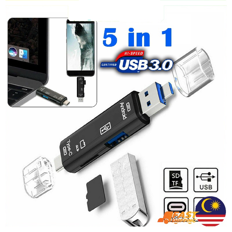（READY STOCK) 5 in 1 USB Type C / USB / Micro USB SD TF Memory Card Reader OTG Adapter | Shopee ...