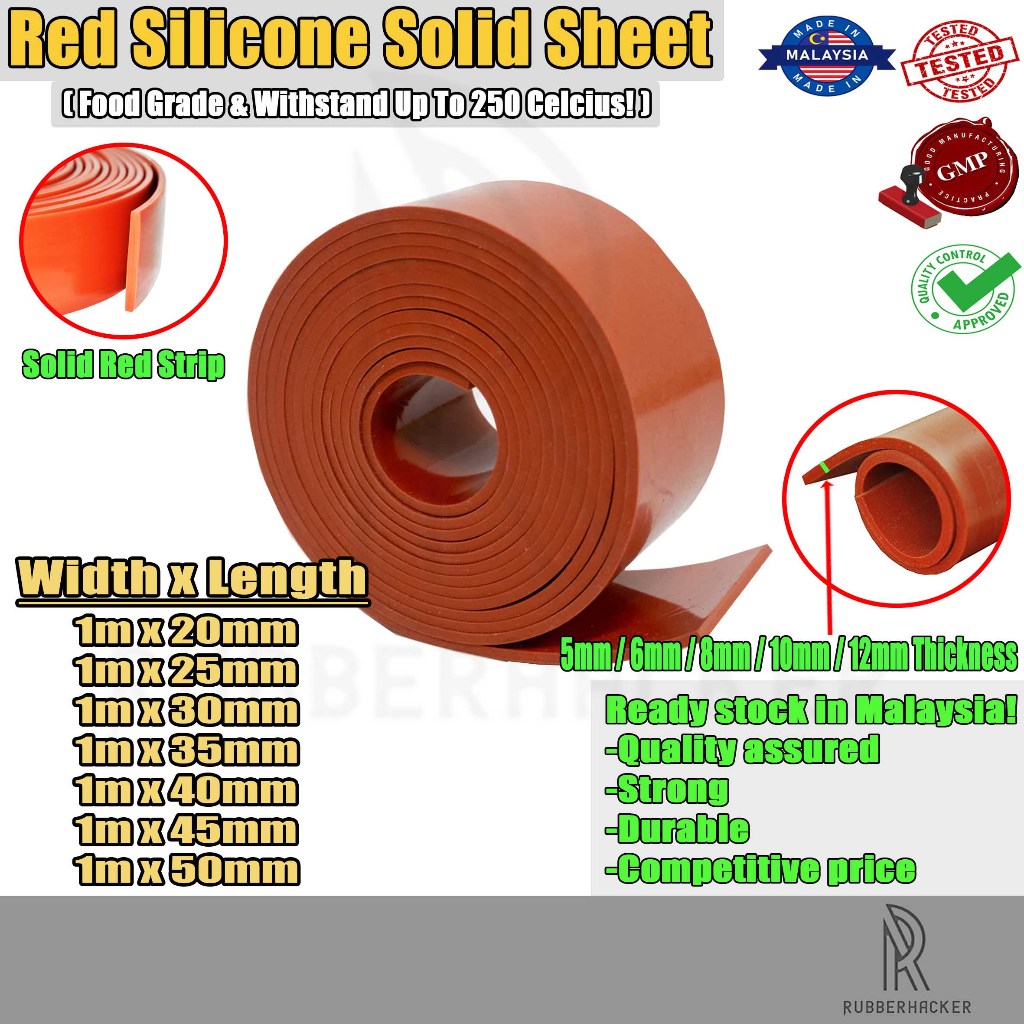 RED Silicone Rubber Solid Strips with 5mm to 12mm Thickness x 1m Width ...