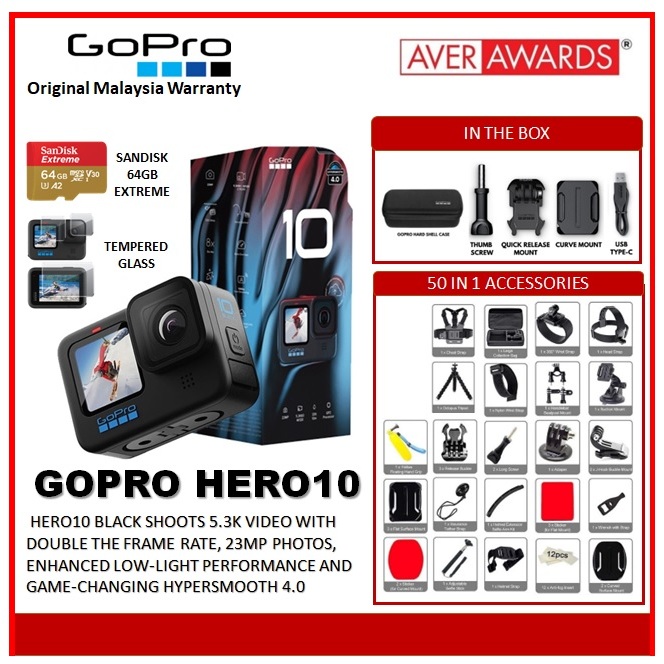 Ready Stock GoPro HERO 10 Black 5.3K video and 23MP photos GP2 Processor Hypersmooth 4.0 Gopro ...