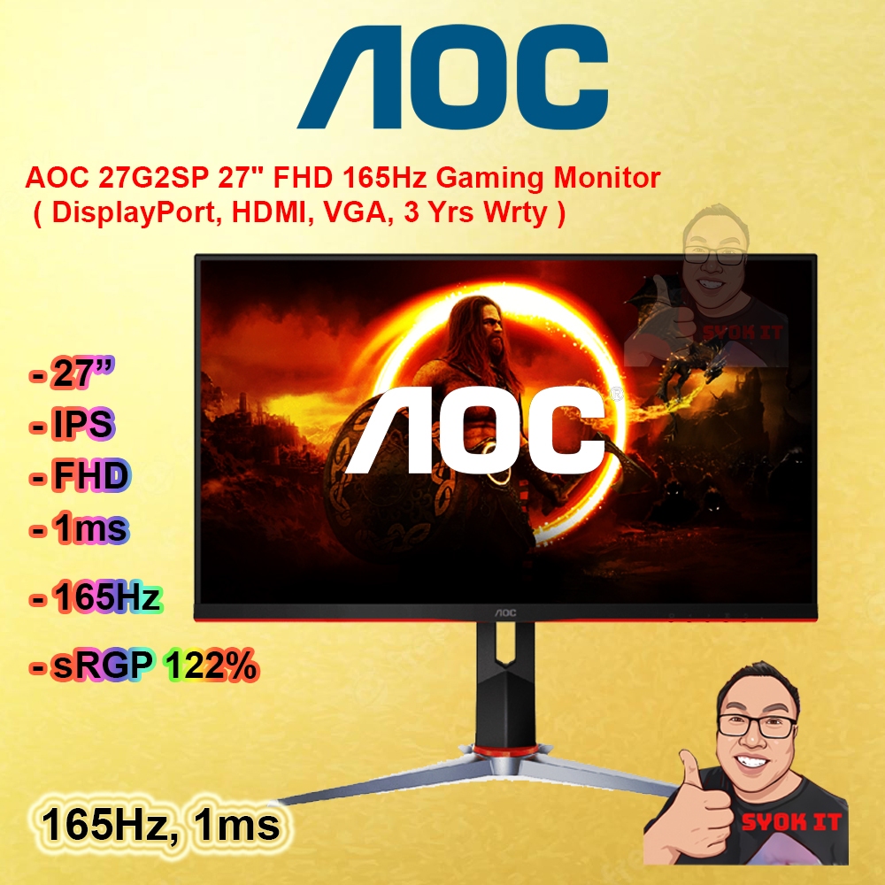 AOC 27G2SP 27" FHD 165Hz Adaptive-Sync Gaming Monitor ( DisplayPort ...