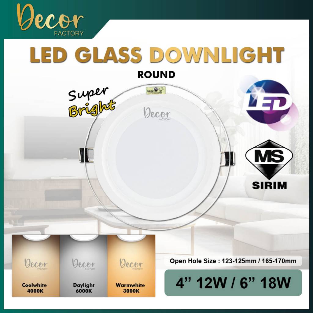 [2 Years Warranty] Sirim 3 Color Glass Recess LED Downlight 4" 6" 12W 18W Round Square Glass ...