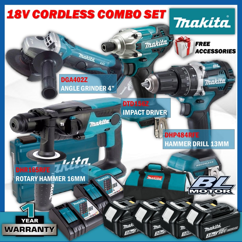 🔥6.6 PROMO🔥 MAKITA 18V Cordless Combo Set ( DHP484RFE Hammer Drill / DHR165RFE Rotary Hammer ...