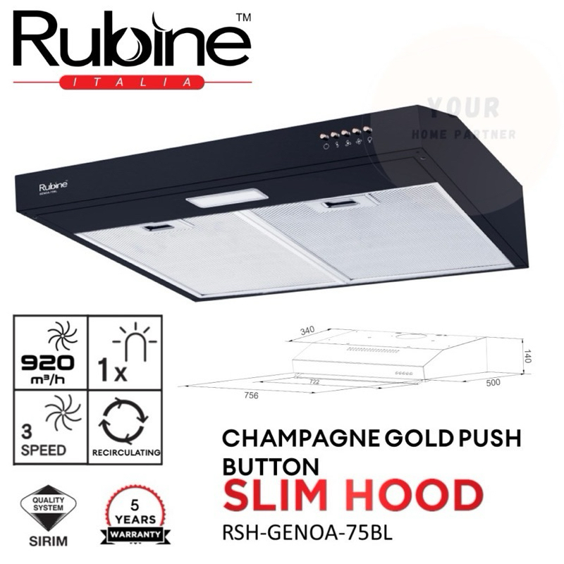 Elba Slim Cooker Hood ESH-M7598BK Black / 1917/76SS /Rubine Slim Hood ...
