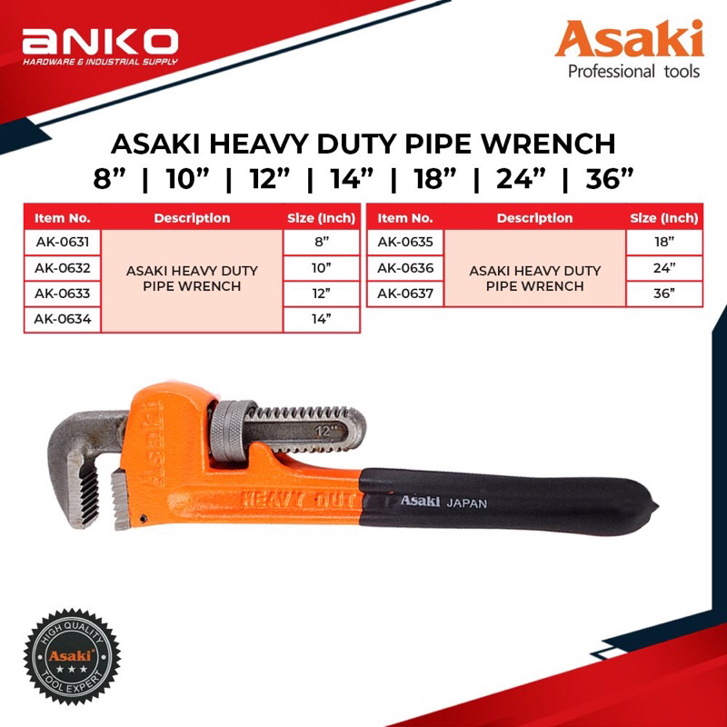 ASAKI HEAVY DUTY PIPE WRENCH 8” | 10” | 12” | 14” | 18” | 24” | 36 ...