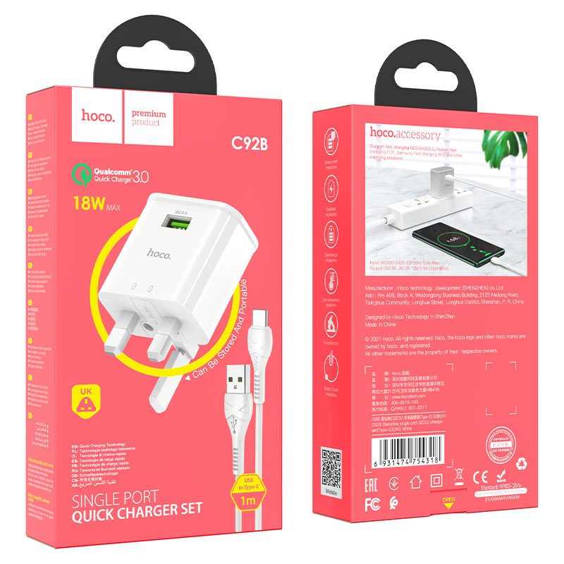HOCO C92B 18W Single Port QC3.0 Charger Set (MICRO/TYPE C) | Shopee ...