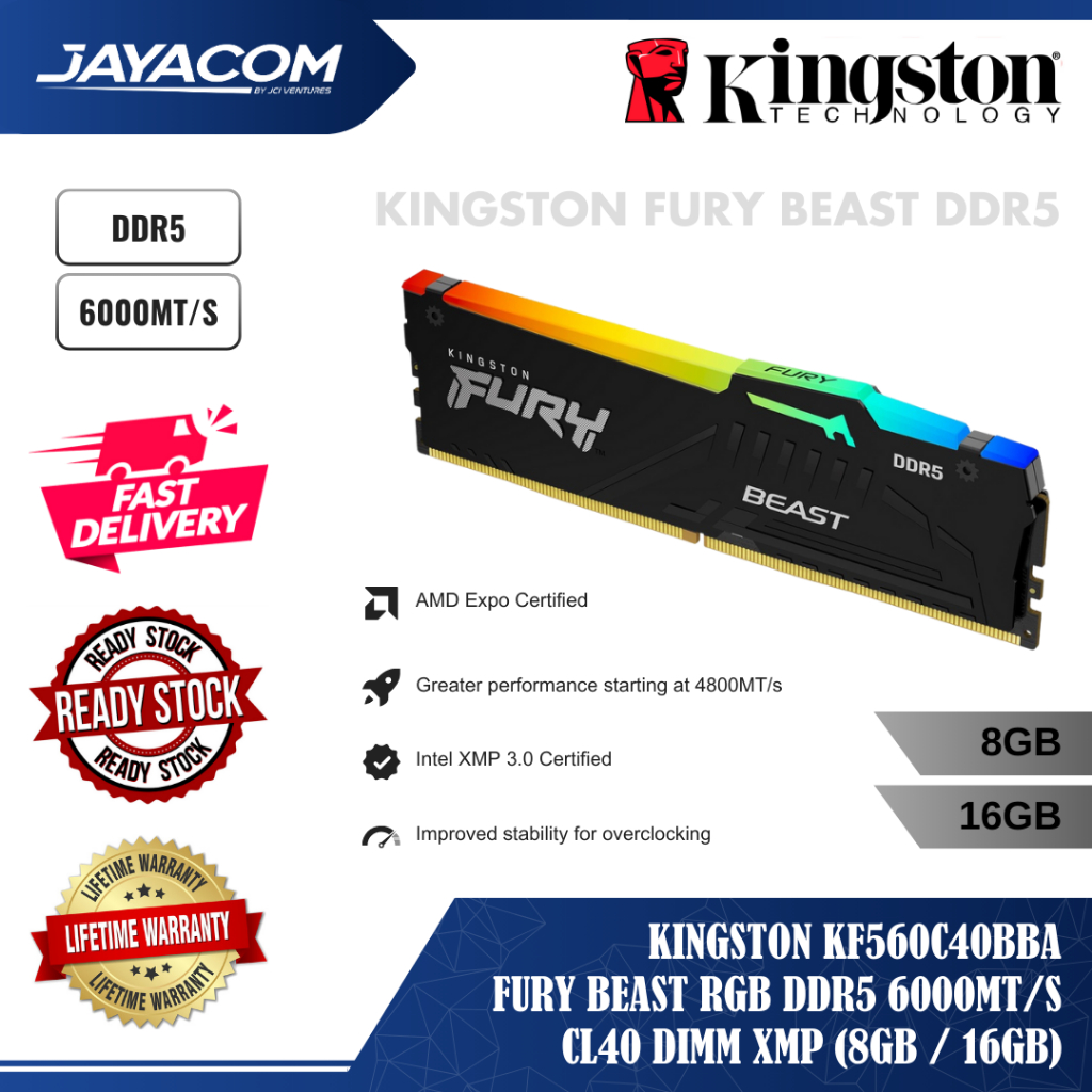 Kingston Fury Beast RGB DDR5 6000MT/s CL40 DIMM XMP (8GB / 16GB) [KF560C40BBA] | Shopee Malaysia