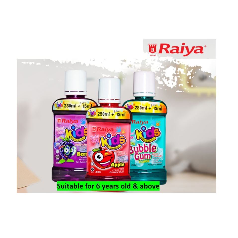 Raiya Kids Mouthwash 250ml extra 15ml (Apple, Berry, Bubble Gum ...