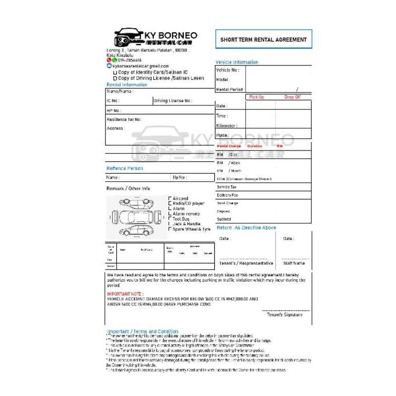 Buku resit perjanjian sewa kereta/ rental car🚙🚙 | Shopee Malaysia