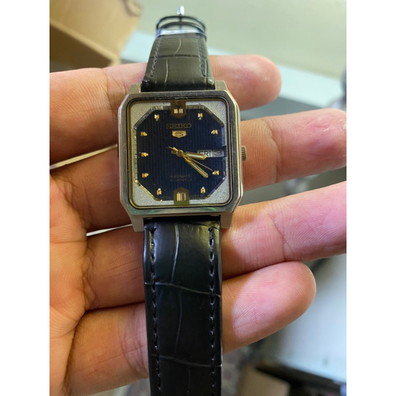 Seiko 5 Automatic 21 Jewels Black Octagon Dial Silver Bezel Watch ...