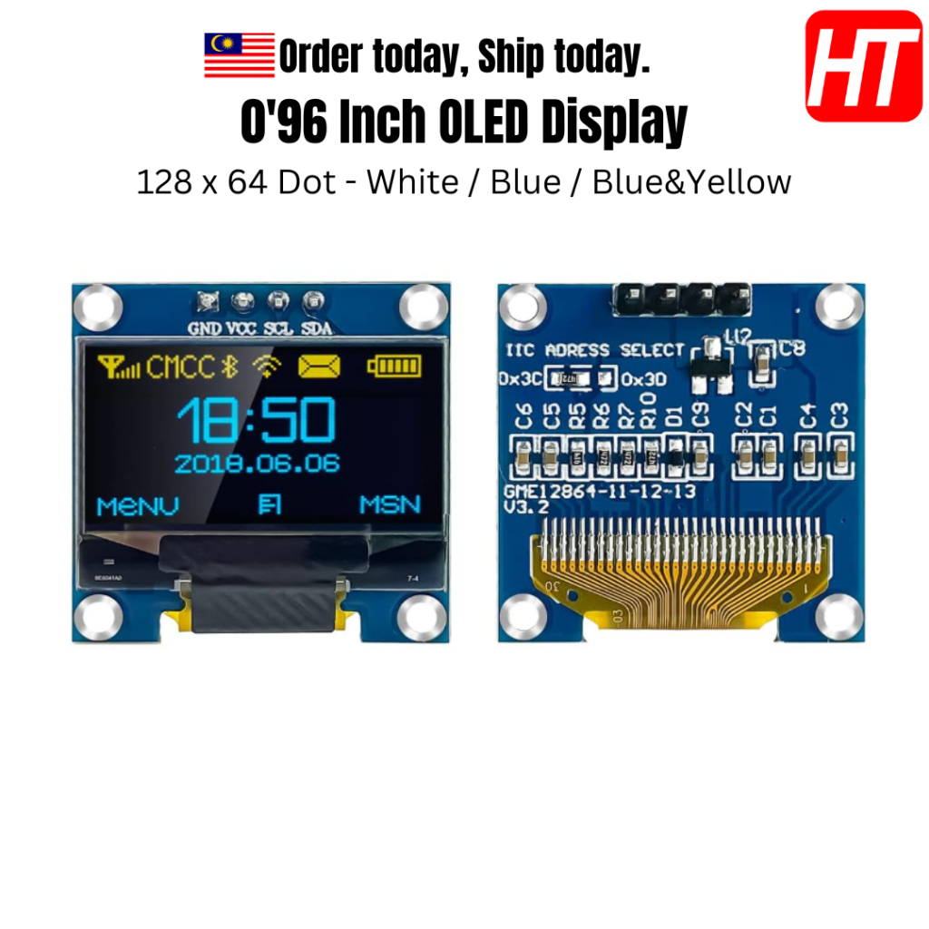 [1PC] 0.96 Inch OLED I2C Display Module 128x64 Pixel SSD1306 Mini Self ...