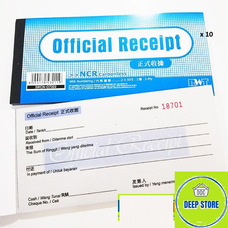 OFFICIAL RECEIPT NCR Carbonless 2PLYx50s RWT(PACK/10 BOOKS) | Shopee ...