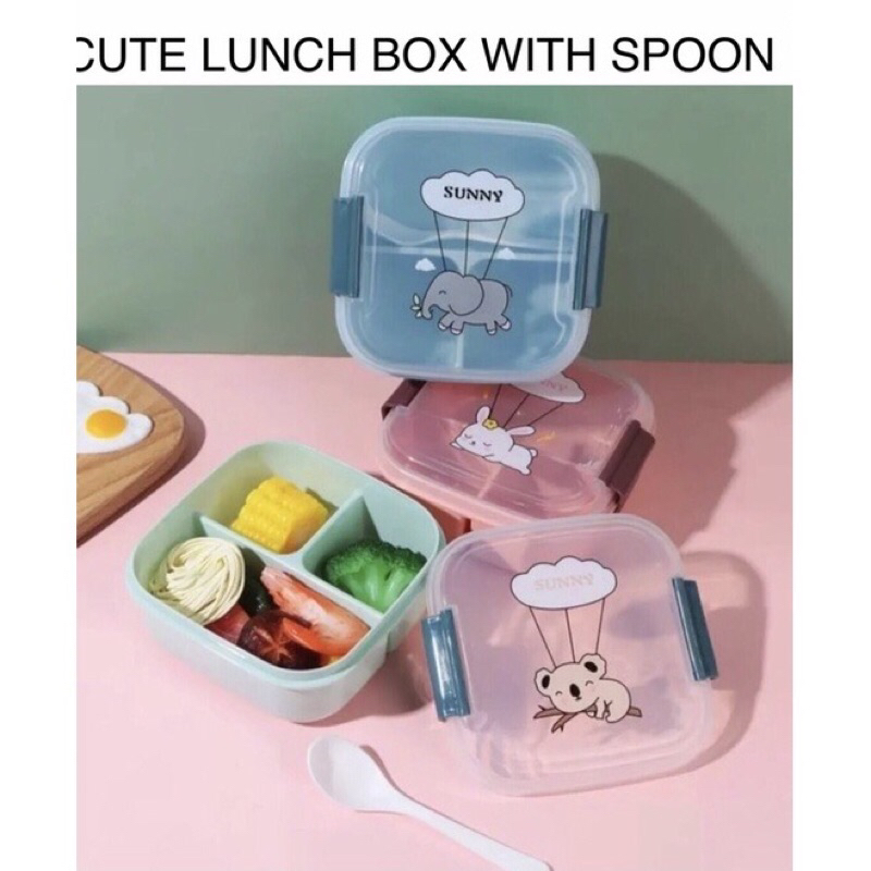 (Ready Stock) Cute Lunch Box bento box & Spoon 3 compartments food ...