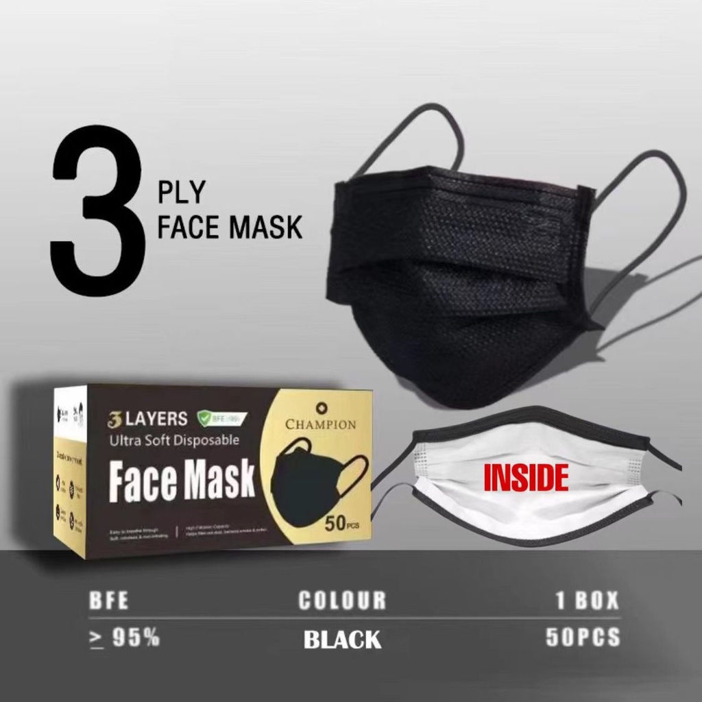 Black Mask Inner White 50pcs 3ply Protect Mask Black Face Mask Hitam ...