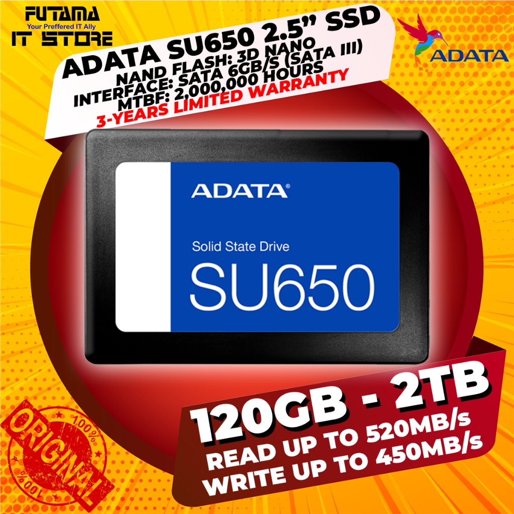 ADATA SU650 2.5" SATA Solid State Drive (SSD) - 120GB/256GB/512GB/960GB, Read/Write: 520/450MB/s ...