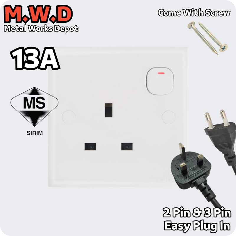 13A 3 PIN Switch Socket SIRIM 2Pin Easy Plug In Come With Screw ...