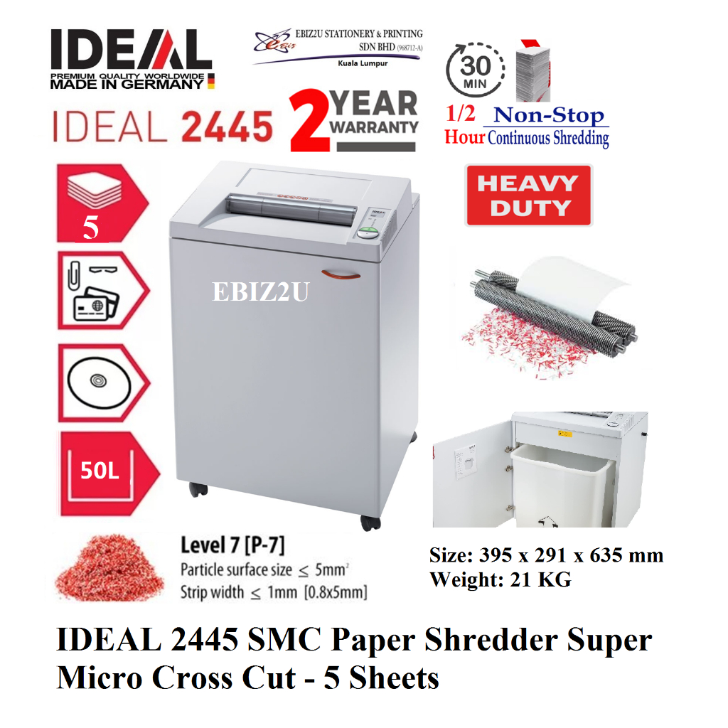 IDEAL 2445 SMC 0.8 x 5mm Heavy Duty Paper Shredder Super Micro Cross Cut 5 Sheets 50 Liters 30 ...