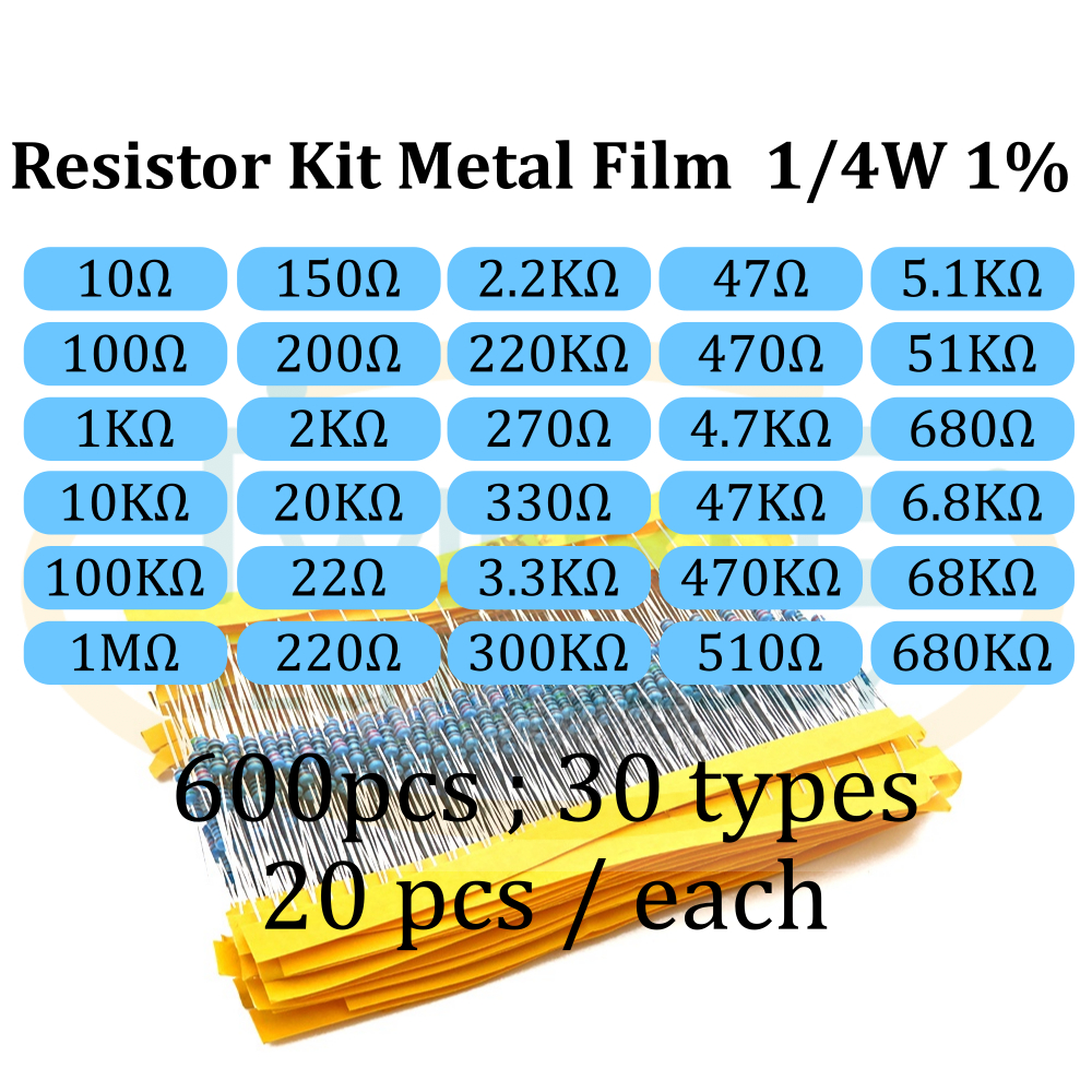 Resistor Kits 600pcs 1/4W 1% 30 types, 20pcs each 10R 1K 10K 1M Ohm ...