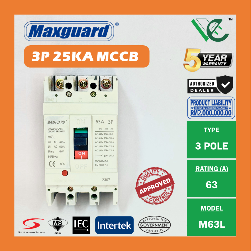 MAXGUARD M63L 3Pole 63A 25KA MCCB / ISOLATOR (SIRIM) | Shopee Malaysia