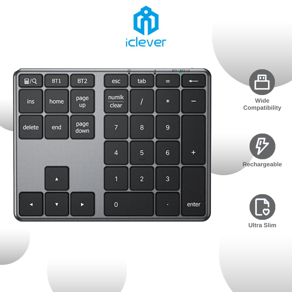 iClever KP10 Bluetooth Number Pad, Multi-Devices Wireless Number Pad, USB-C Rechargeable ...