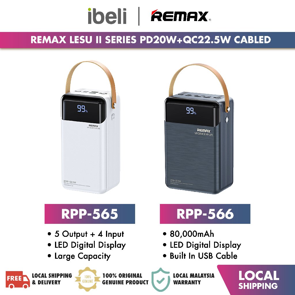 REMAX RPP-565 (60000mAh) / RPP-566 (80000mAh) Lesu II Series PD20W+QC22.5W Cabled Fast Charging ...