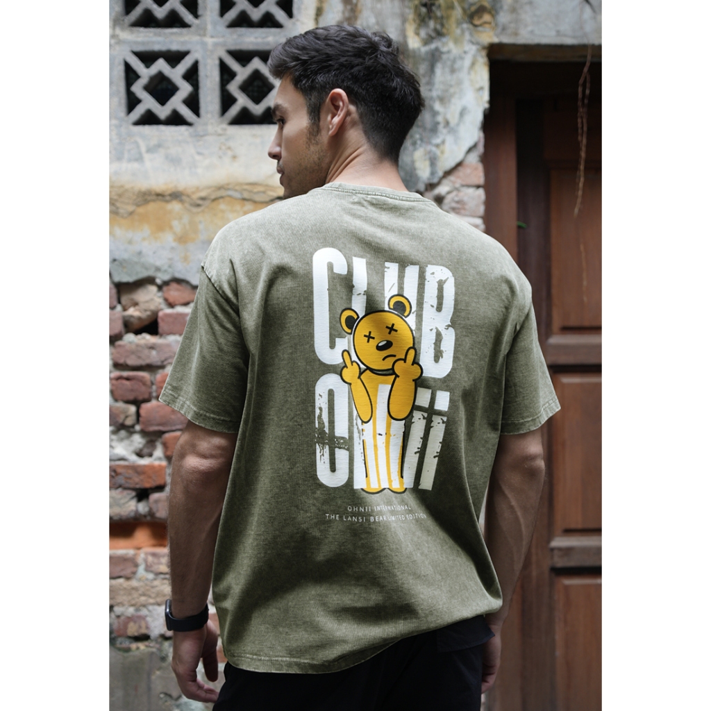OVERSIZED MIDDLE FINGER YELLOW BEAR COTTON JERSEY TSHIRT (ACID OLIVE ...