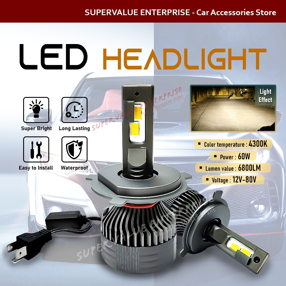 2Pcs Led Headlight Bulb Yellow 4300K 60W Led Bulb 9006 H1 H3 H4 H7 H11 ...