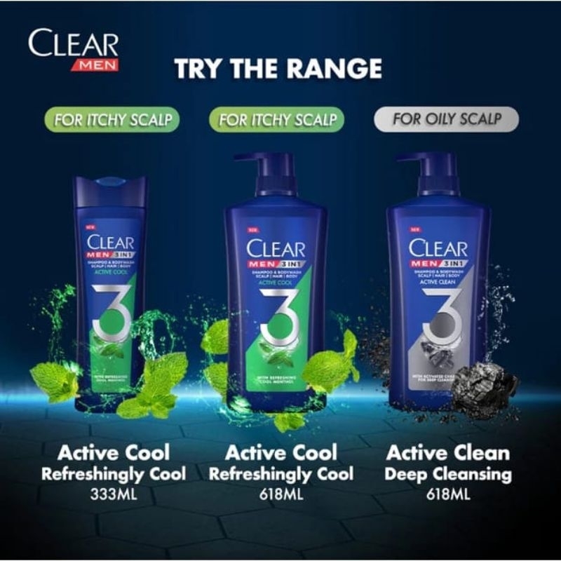 CLEAR MEN 3-IN-1 Active Clean Shampoo + Body Wash*Infused with ...