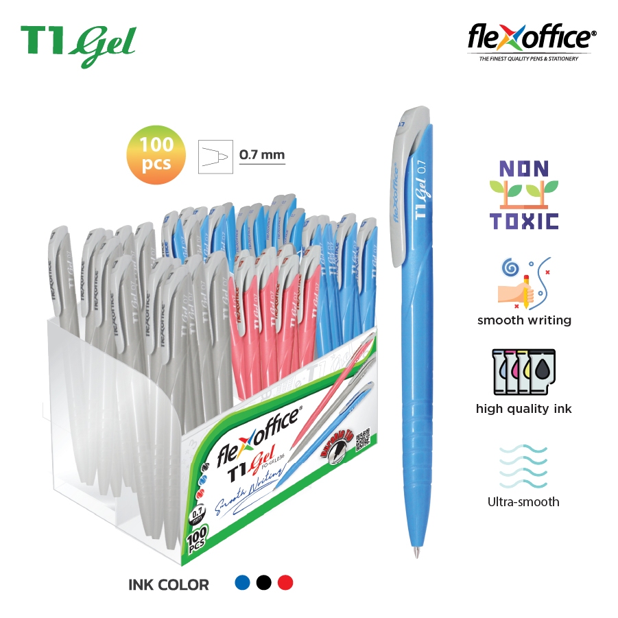 FlexOffice T1 Gel Pen 0.5 & 0.7 Fine Point - Black/Blue/Red (Box of 100 ...