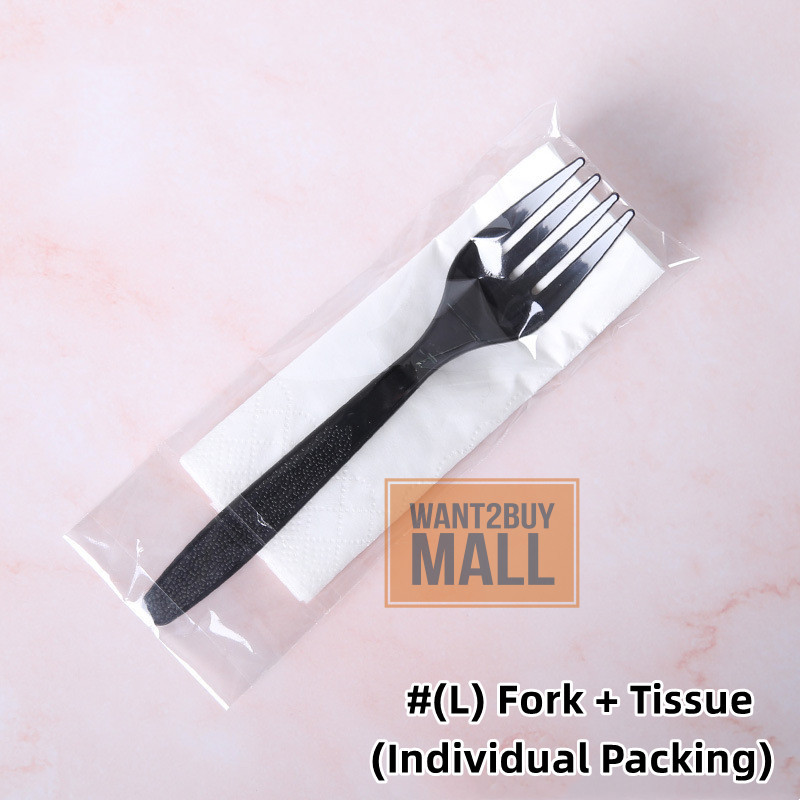 🇲🇾 🏆 3 in 1 Premium Individual Pack Black Spoon Fork Tissue Disposable ...