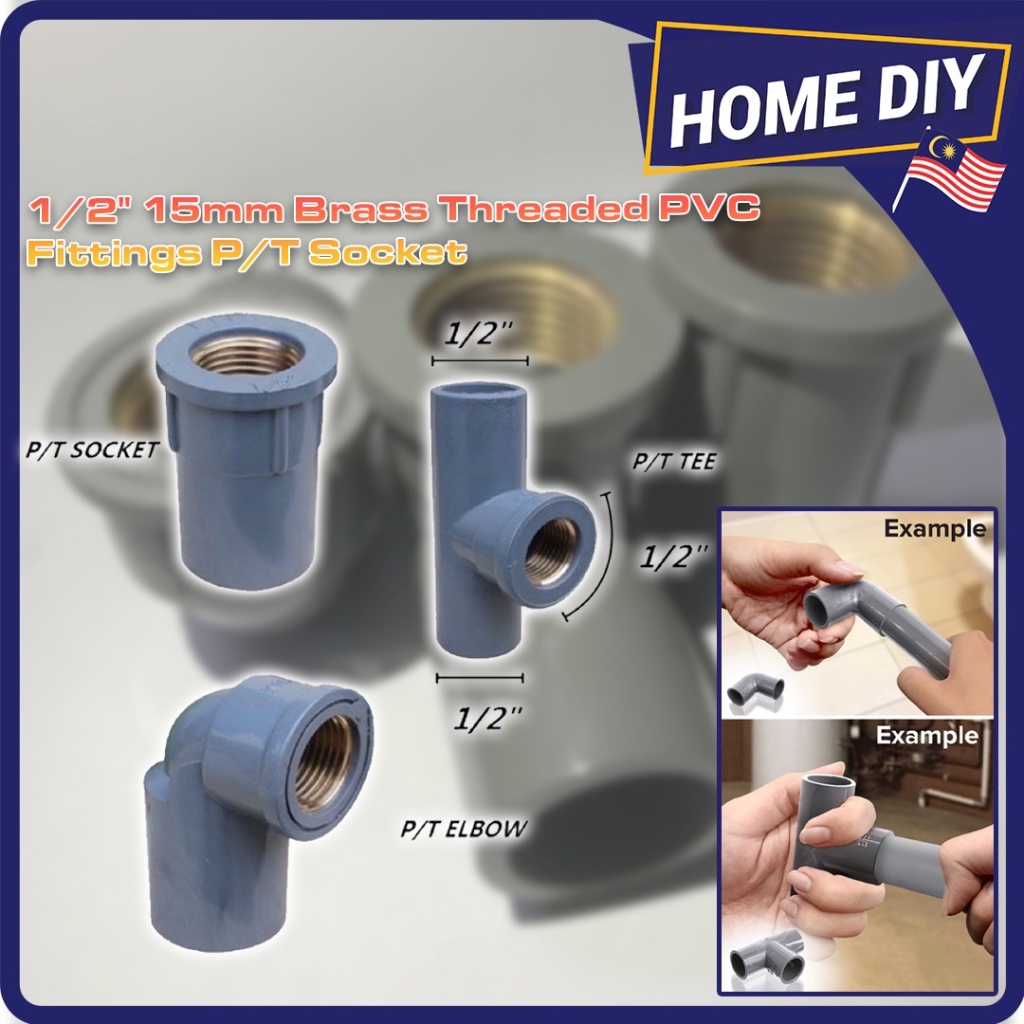 1/2" 15MM Brass Threaded PVC Pipe Fittings P/T SOCKET | P/T ELBOW | P/T TEE End Cap Water Pipe ...