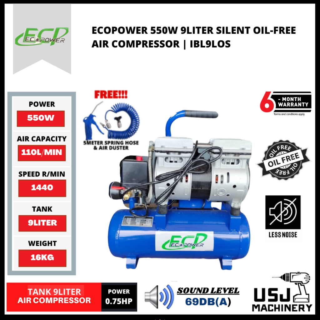 ECOPOWER 550W 9Liter Silent Oil-Free Air Compressor IBL9LOS - Free Air Duster & Spring Hose - 6 ...