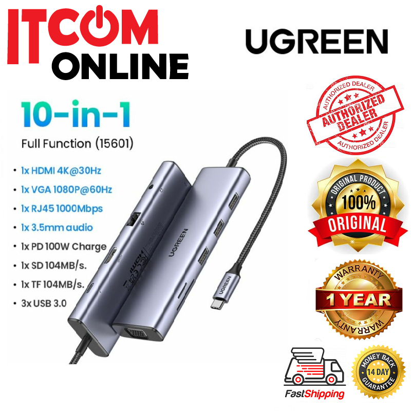 UGREEN 10 IN 1 USB-C TO 3-USB3.0/3.5MM/LAN/VGA/HDMI/CARD READER/PD100W ADAPTER DISPLAY (UG-CM498 ...